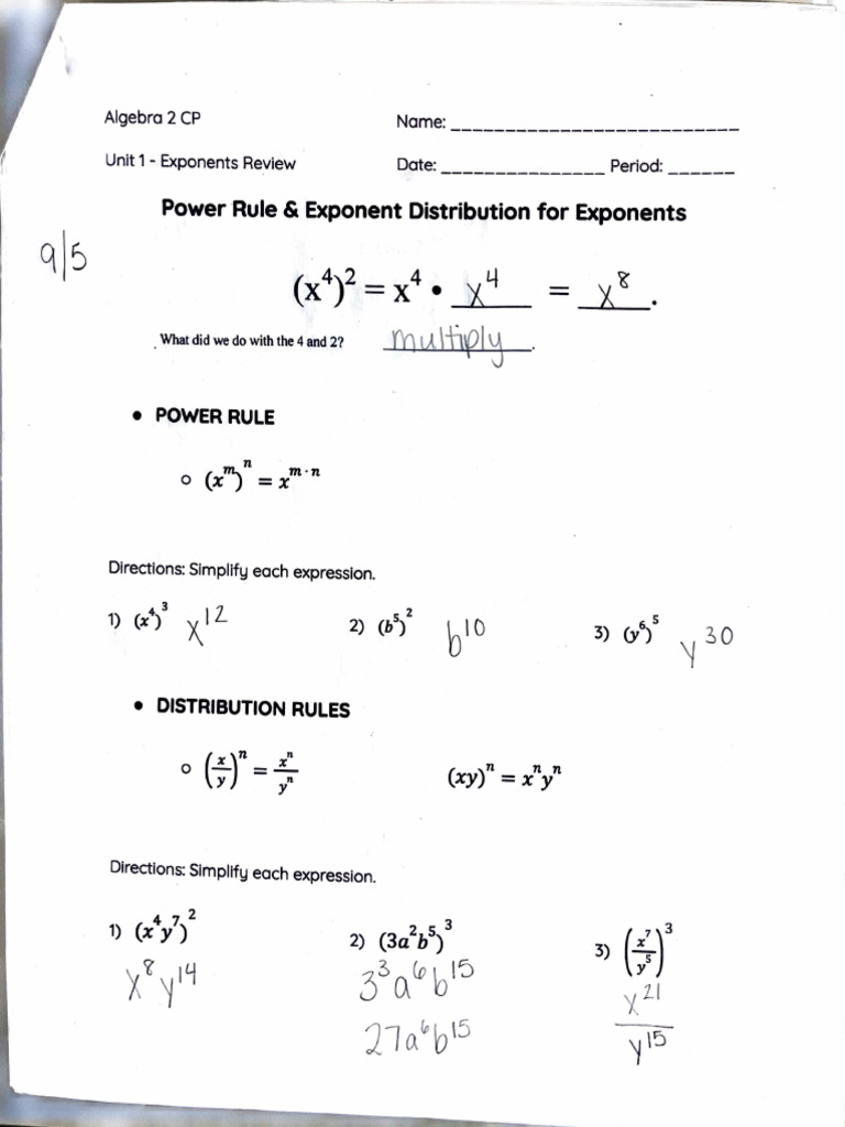 Power Rule and Exponent Distribution For Exponents Notes | PDF