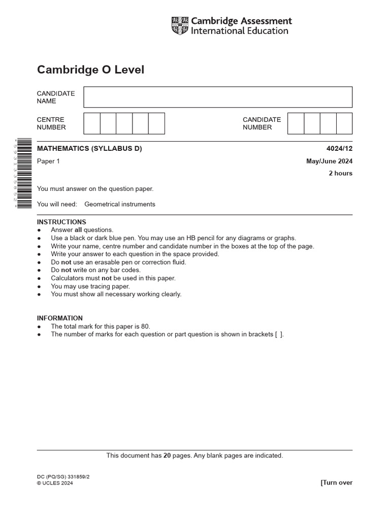 Cambridge O Level: Mathematics (Syllabus D) 4024/12 | PDF