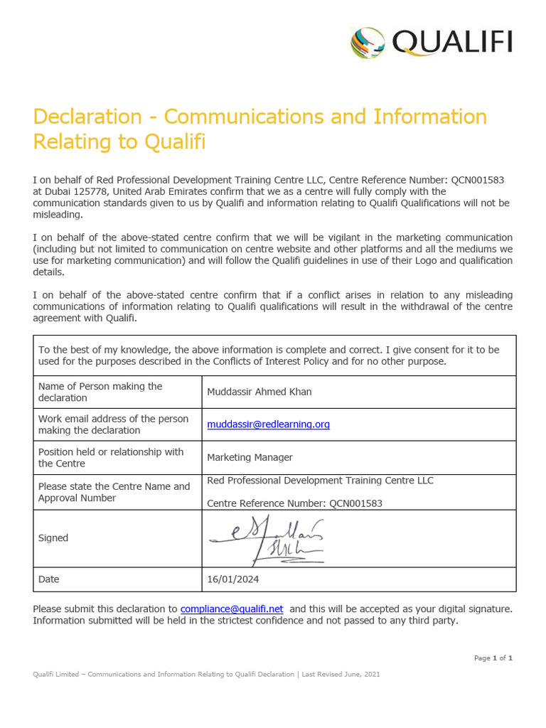 2. Qualifi Declaration for Correct Communications and Information for ...
