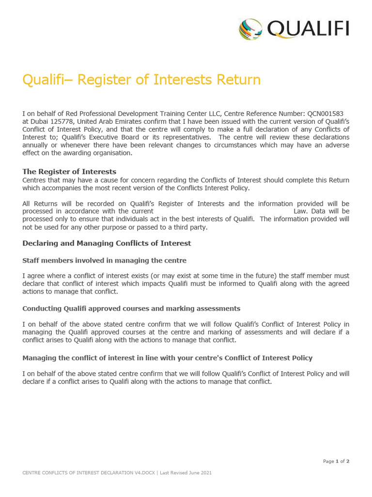 Qualifi Conflicts of Interest Declaration For Centres | PDF