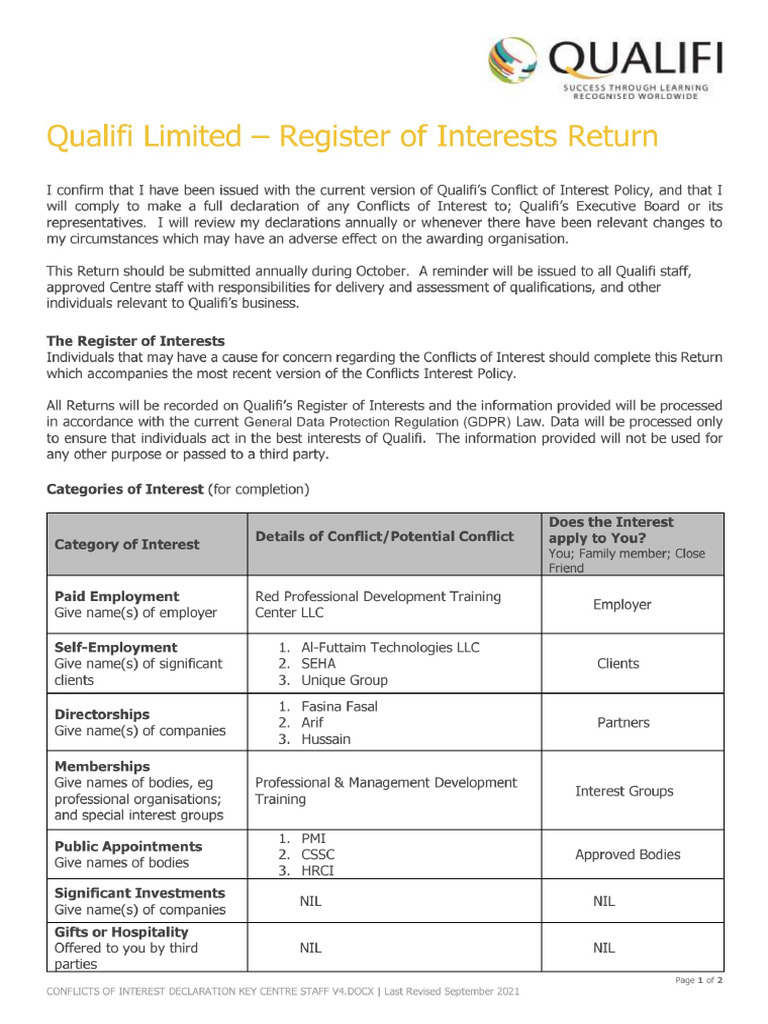 Qualifi Conflicts of Interest Declaration - Centre Staff IJAZ | PDF