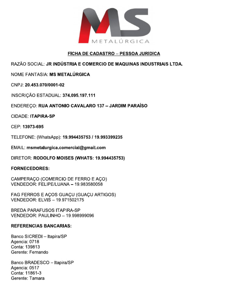FICHA CADASTRAL MS Metalúrgica | PDF