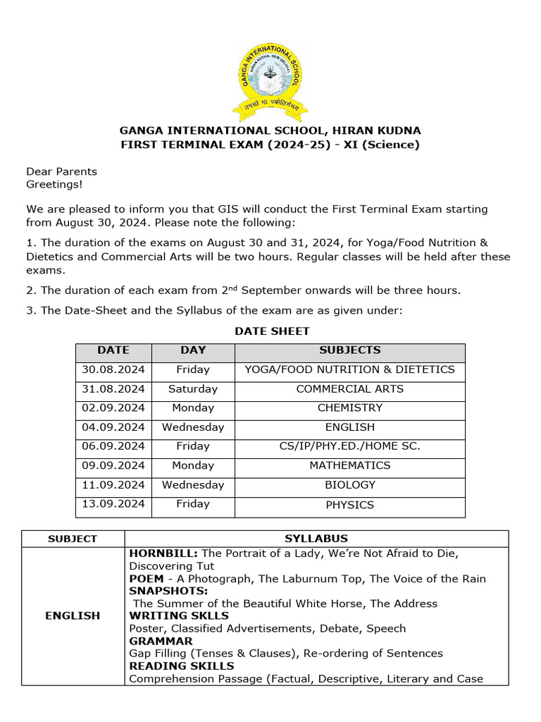Xi (Science) - Date Sheet & Syllabus - I Term | PDF | Ion | Chemistry
