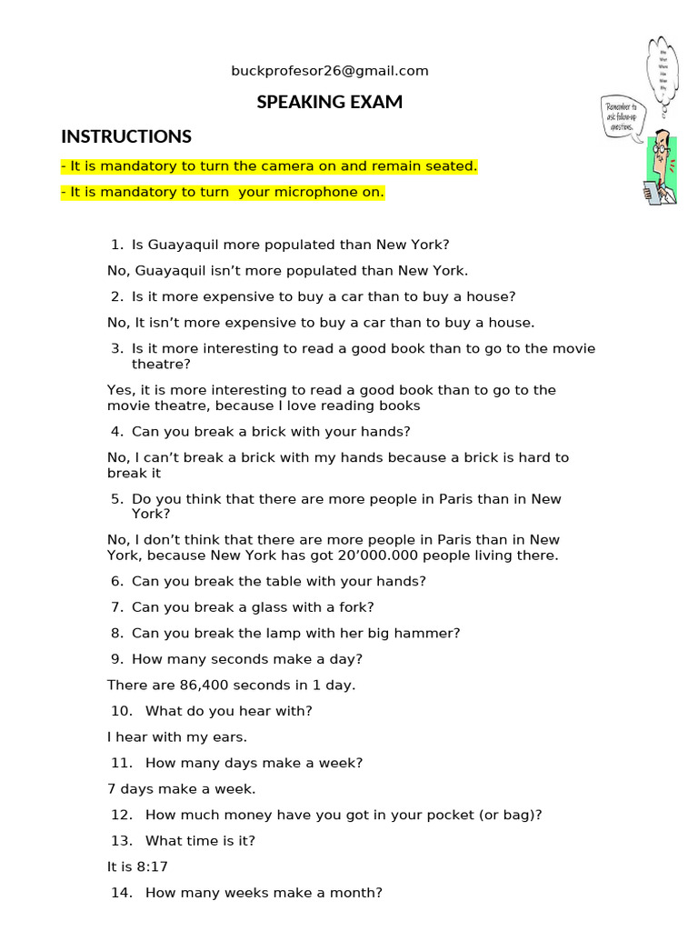 Questions For Speaking Exam (Second Level) | PDF