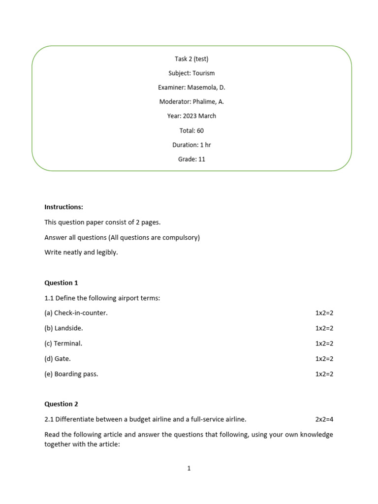GR 11 Tourism Tersm 1 Task 2 Test 2023 | PDF
