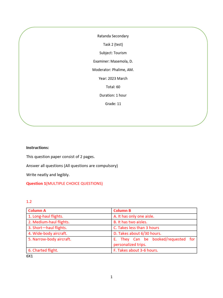 GR 11 Tourism Tersm 1 Task 2 Test 2023 (1) RATANDA | PDF