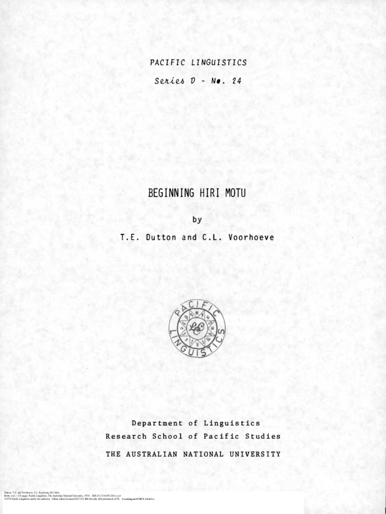 Beginning Hiri Motu: Pacific Linguistics Sen e V No. 24 | PDF