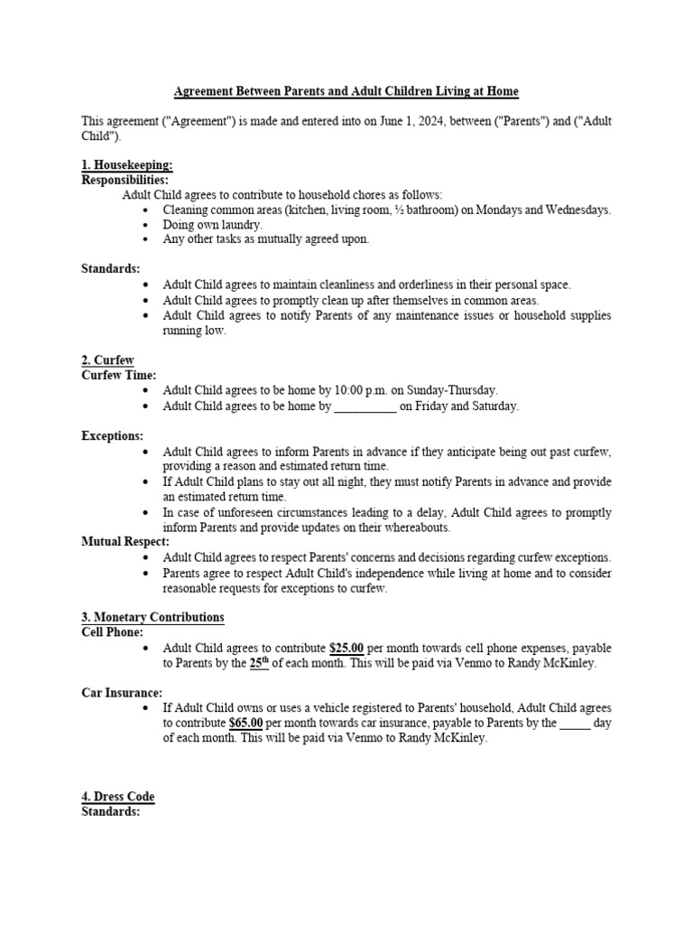 Adult Child Living Agreement Template | PDF