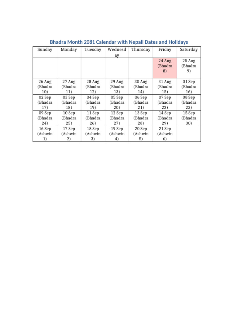 Updated Bhadra Month 2081 Calendar | PDF