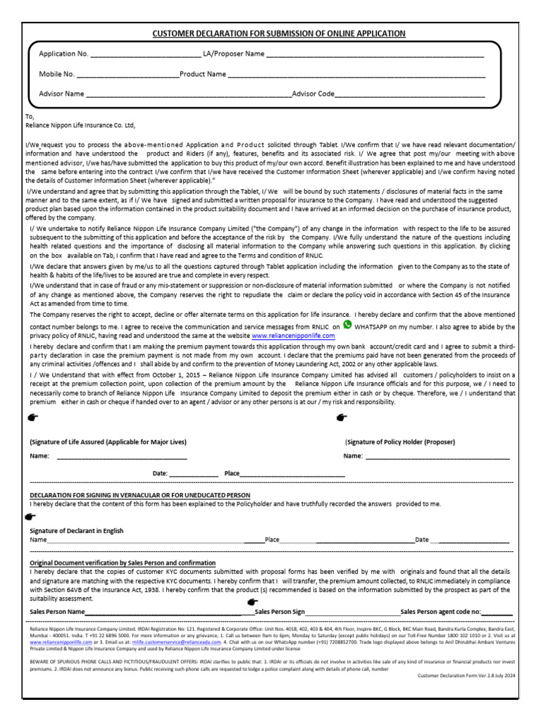 Customer Declaration Form for Insurance | PDF | Insurance | Law