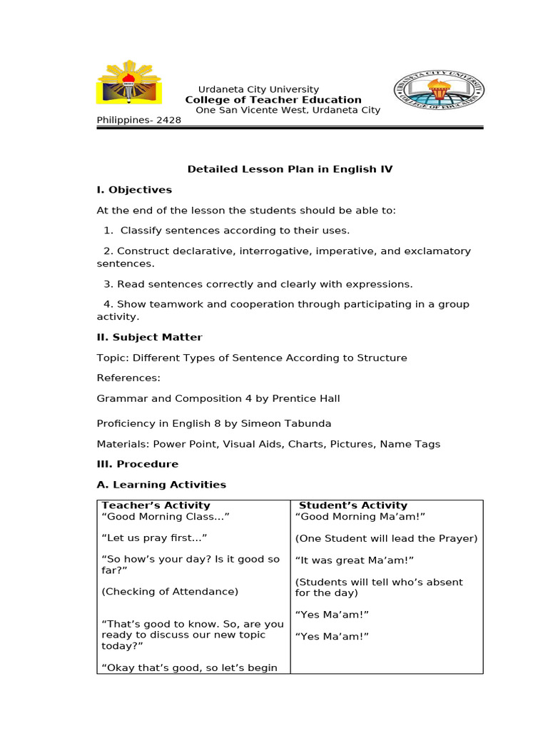 4 Types of Sentences Lesson Plan | PDF