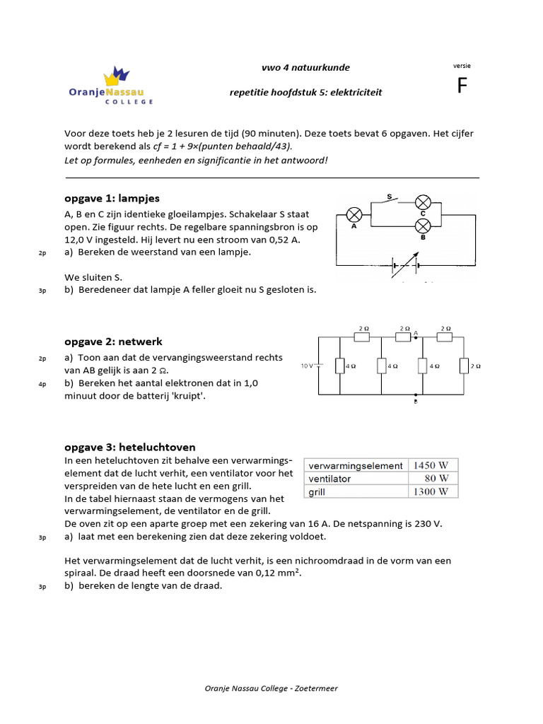 V4 h6 Oefentoets F Elektriciteit | PDF