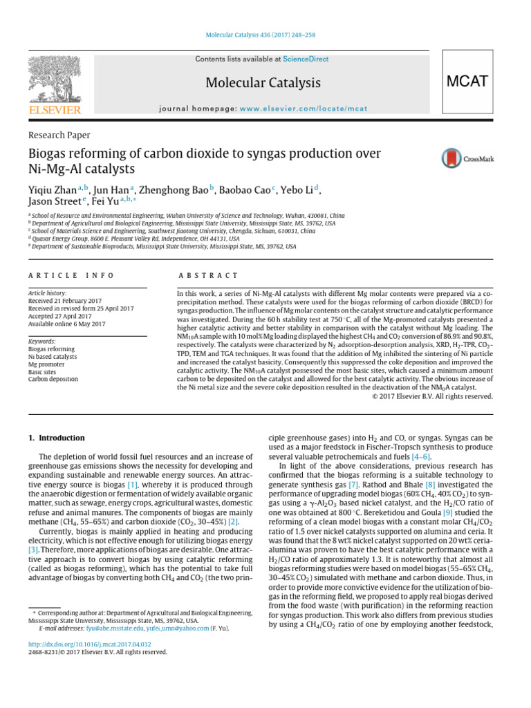 Biogas Reforming of CO2 To Syngas Production Over Ni - MG - Al ...