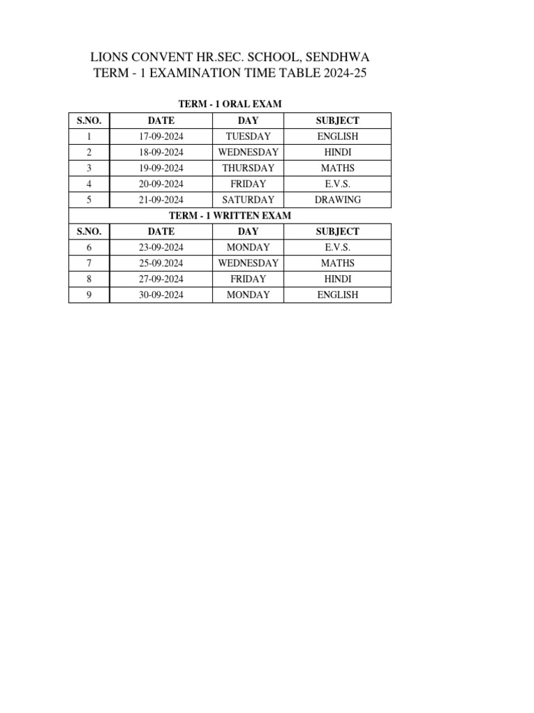 Term 1 Time Table | PDF