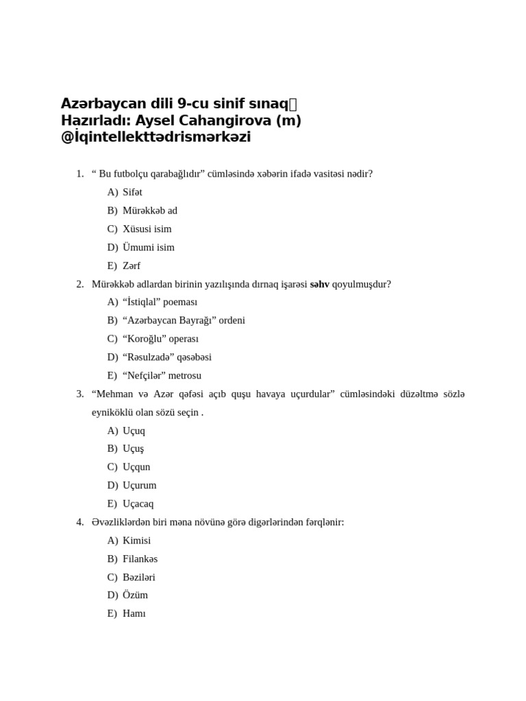 9-Cu Sinif Sınaq Aysel Müəllimə (Yekun) Noyabr | PDF