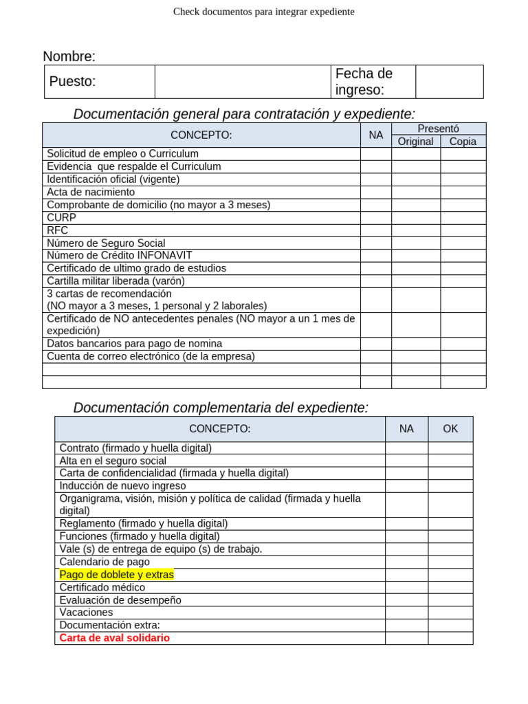 Check List de Documentacion para Expediente de Empleados QUIMVACH | PDF