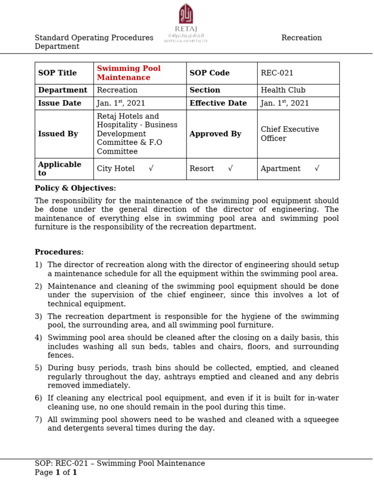 Swimming Pool Maintenance SOP | PDF