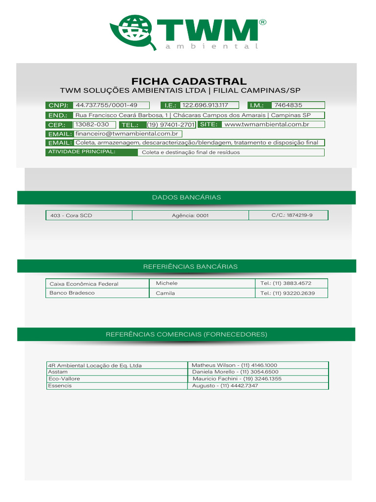FICHA CADASTRAL TWM Ambiental - Filial Campinas SP | PDF