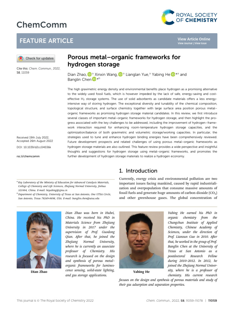 2022 ChemComm CHEN MOFs+H2storage | PDF