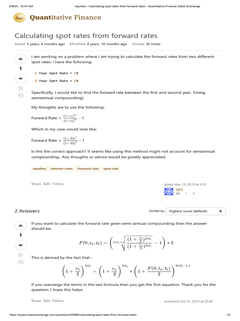 Calculating spot rates from forward rates | PDF