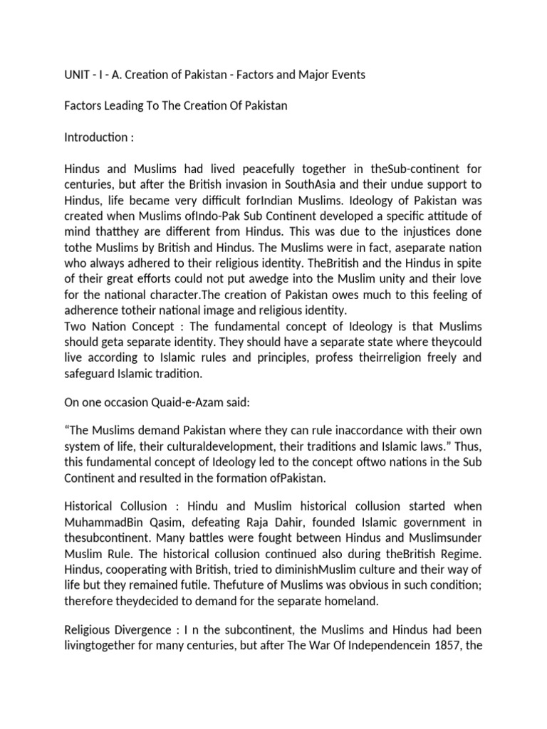 UNIT - I - A. Creation of Pakistan - Factors and Major Events | PDF