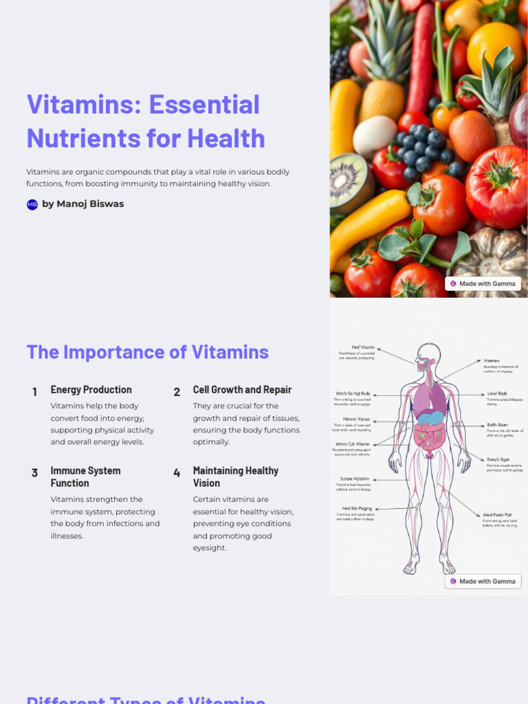 Vitamins Essential Nutrients For Health | PDF | Vitamin | Foods