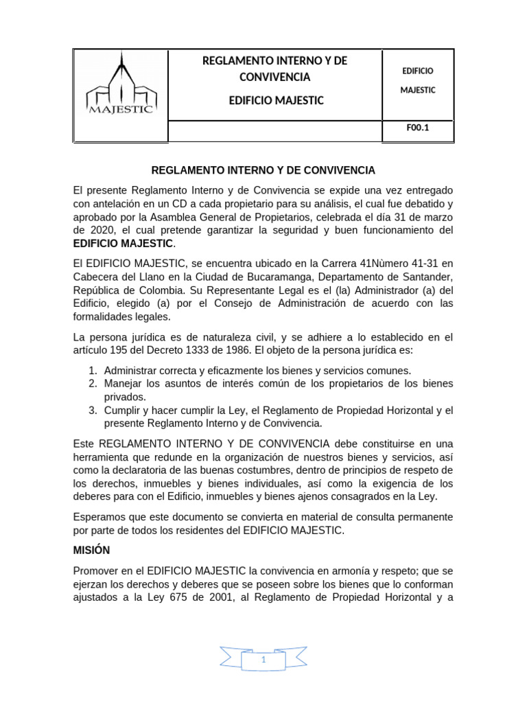 Reglamento Interno y de Convivencia Edificio Majestic - 2020 | PDF