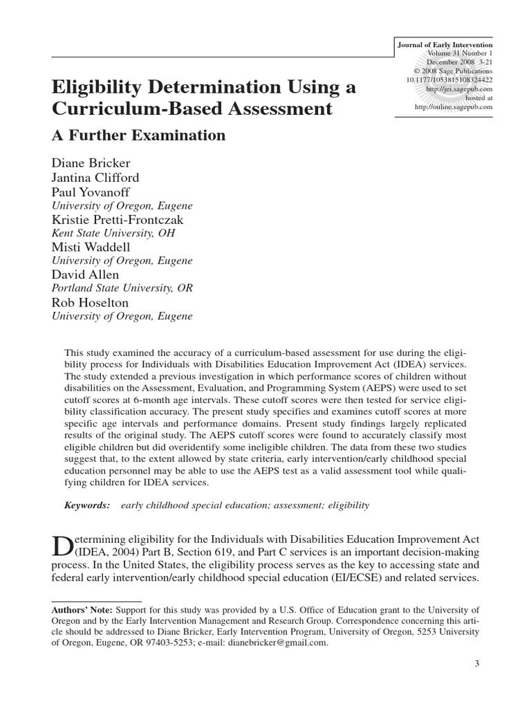 Eligibility Determination Using A Curriculum-Based Assessment | PDF