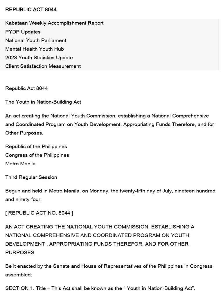 Youth in Nation-Building Act (RA 8044) | PDF | Taxes | President Of The ...