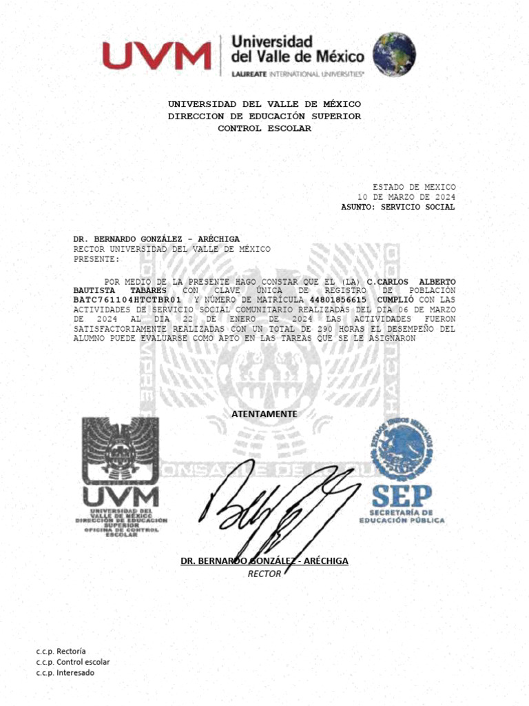 Horas de Servicio CARLOS Uvm | PDF