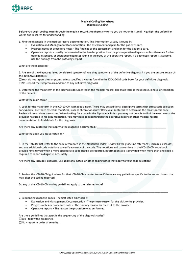 Medical Coding Worksheet - Diagnosis Coding-1-1 | PDF
