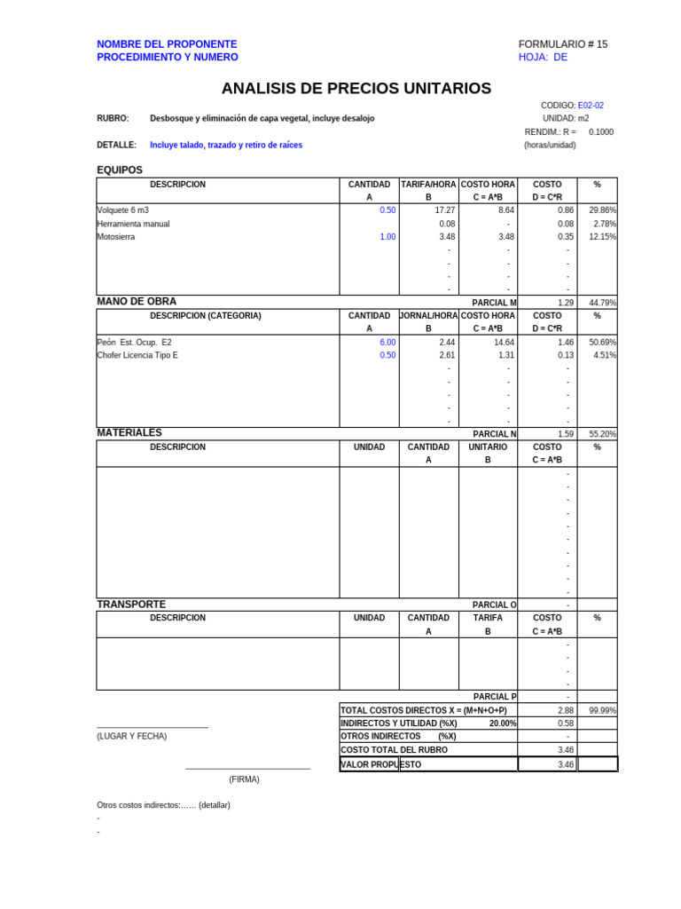 E02-02 Desbosque y Eliminación de Capa Vegetal, Incluye Desalojo | PDF