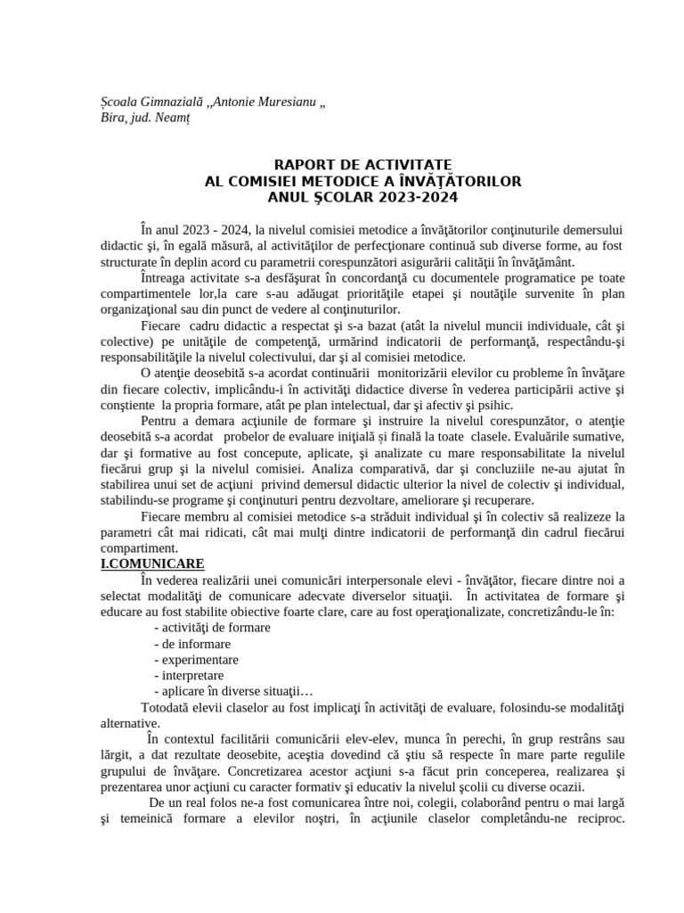 Raport Comisie Metodica 21-22 SF de An Scolar | PDF
