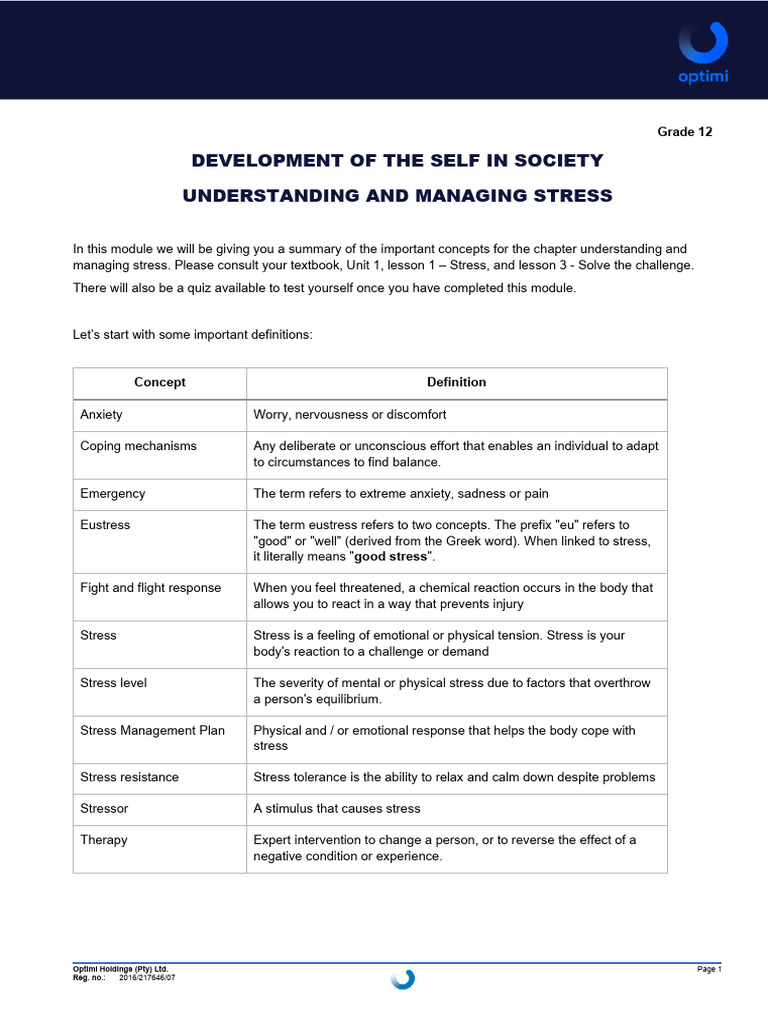 Development of The Self in Society Understanding and Managing Stress | PDF