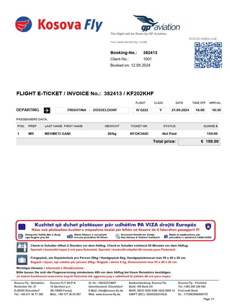 Flight E-Ticket / Invoice No.: 382413 / Kf202Khf | PDF