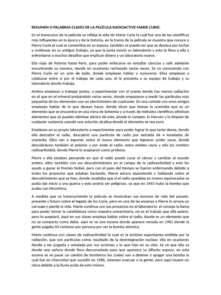 Resumen o Palabras Claves de La Película Radioactive Marie Curie | PDF