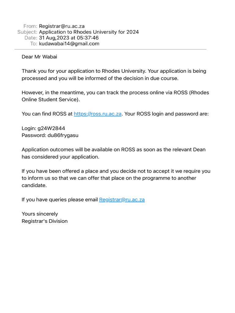 Application to Rhodes University for 2024 | PDF