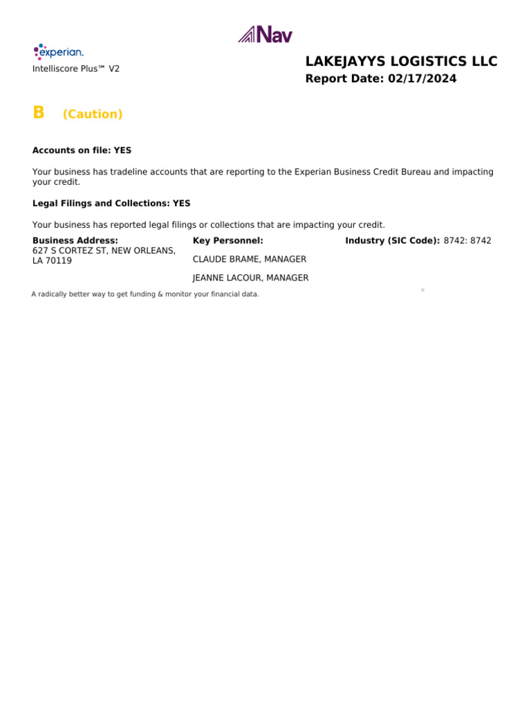 Experian Business Report Summary - Lakejayys Logistics LLC 02-17-2024 | PDF