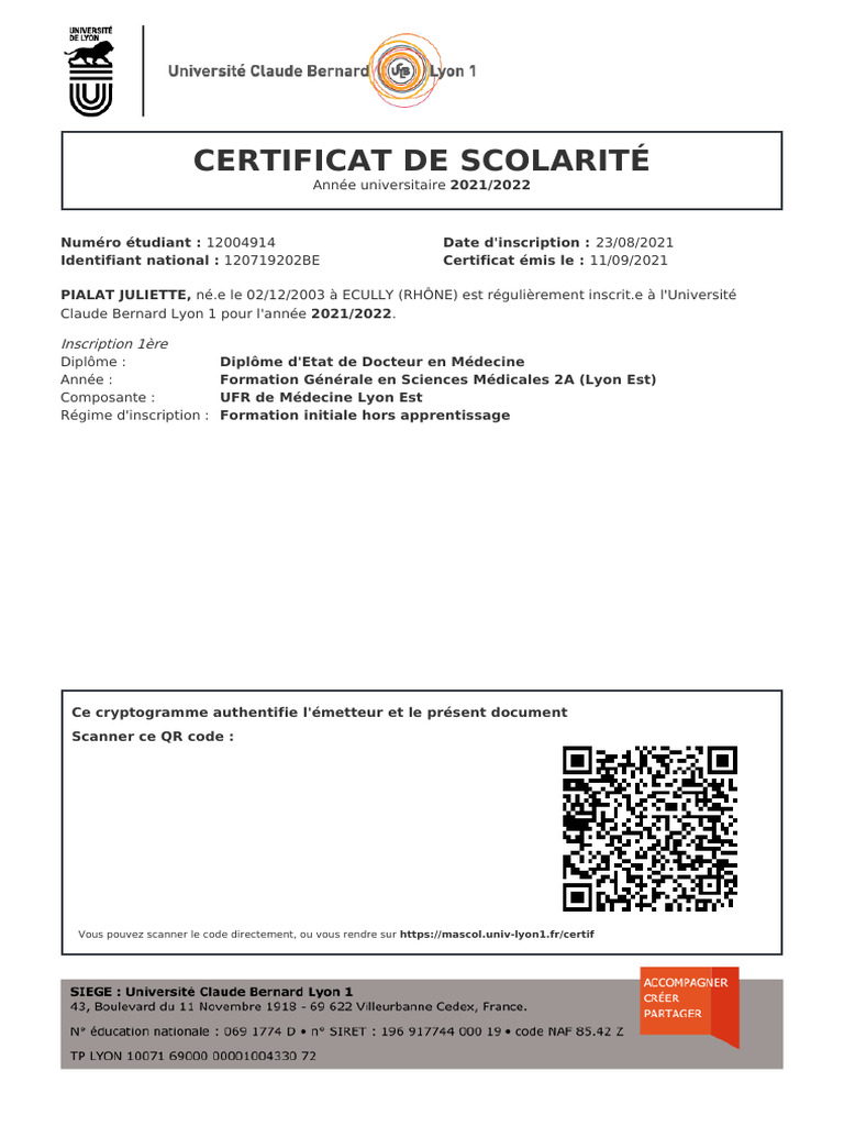 Certificat de Scola 2021-2022 | PDF