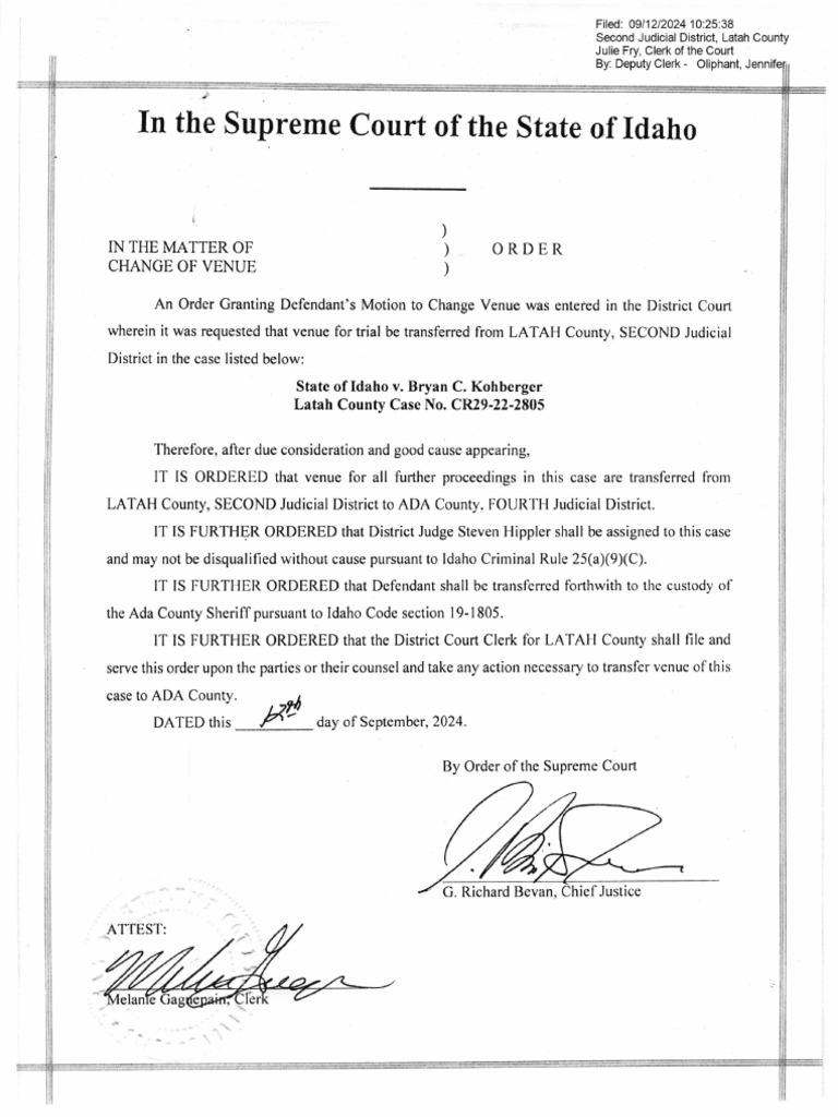 Order For Change of Venue - Bryan Kohberger | PDF