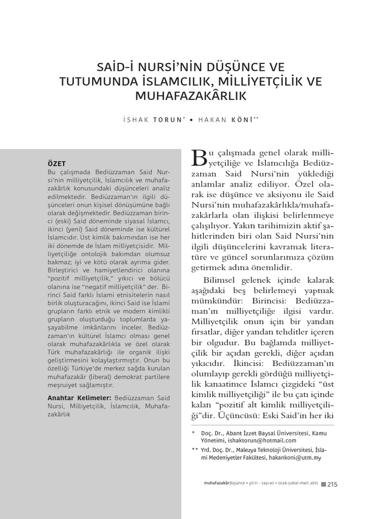 Said Nursinin Dusunce Ve Tutumunda Islamcilik Milliyetcilik Ve ...