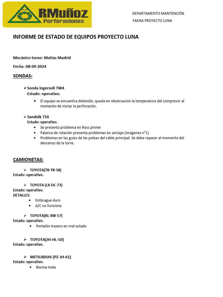 Informe Equipos Proyecto 08-09-2024 | PDF