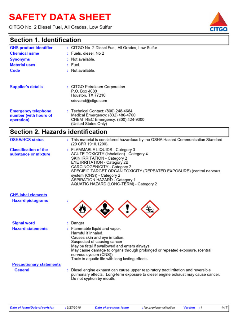 Citgo - SDS - No2 Diesel Fuel - All Grades - Low Sulfur - 071318 | PDF