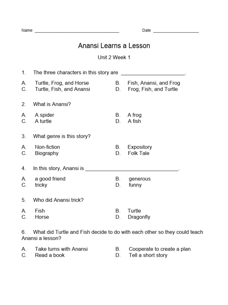 Anansi Learns A Lesson: Name - Date | PDF