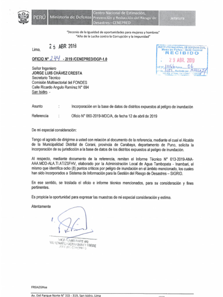 Oficio #244 2019 Cenepred DGP 1.0 1 | PDF