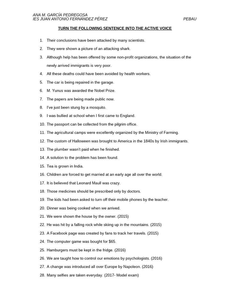 Turn The Following Sentences Into The Active Voice | PDF