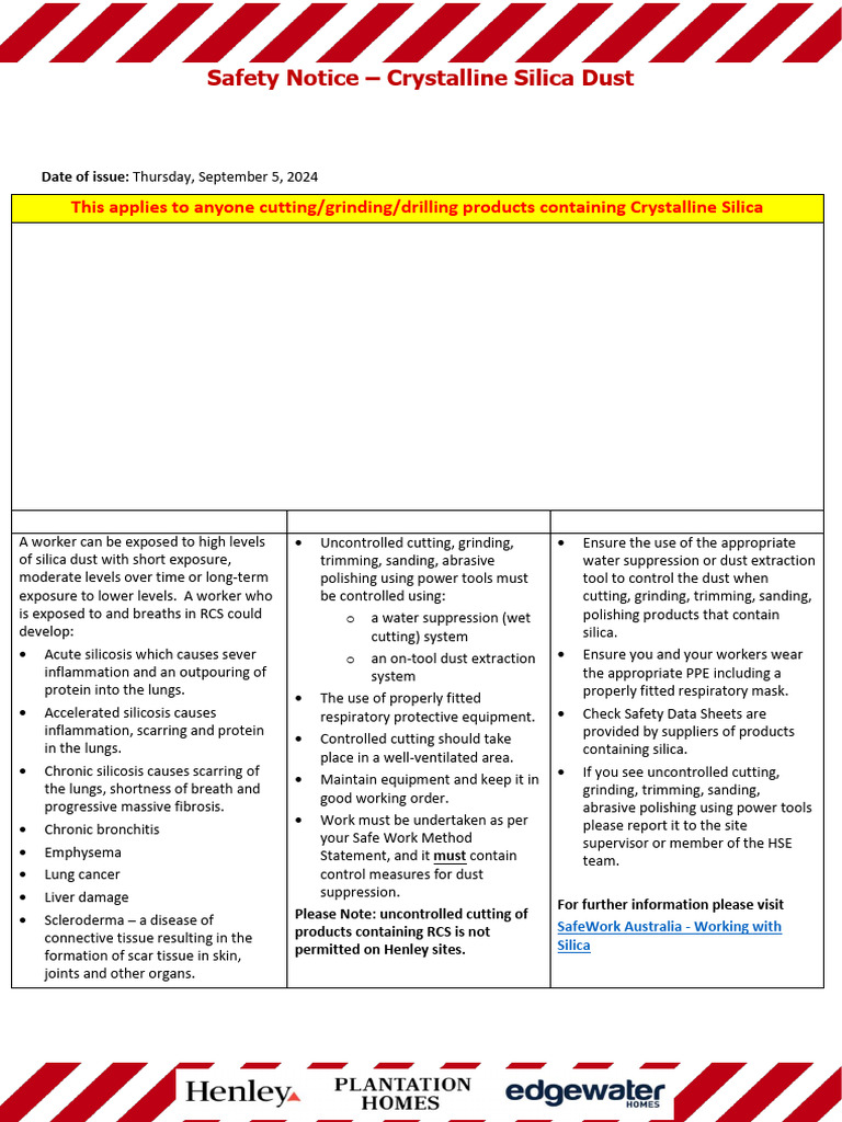 Safety Notice - Crystalline Silica Dust | PDF
