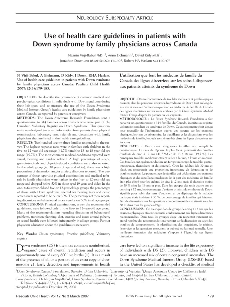 Use of Health Care Guidelines in Patients With Down Syndrome by Family ...