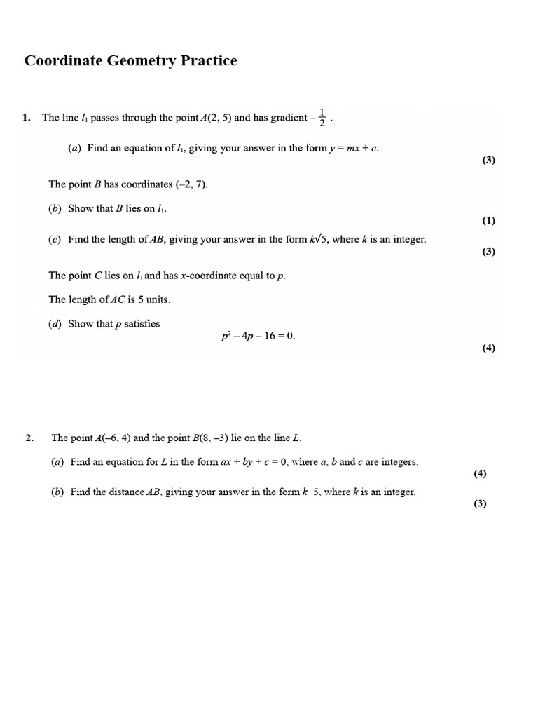 Coordinate Geometry Practice IGCSE Pure Maths | PDF | Equations | Line ...