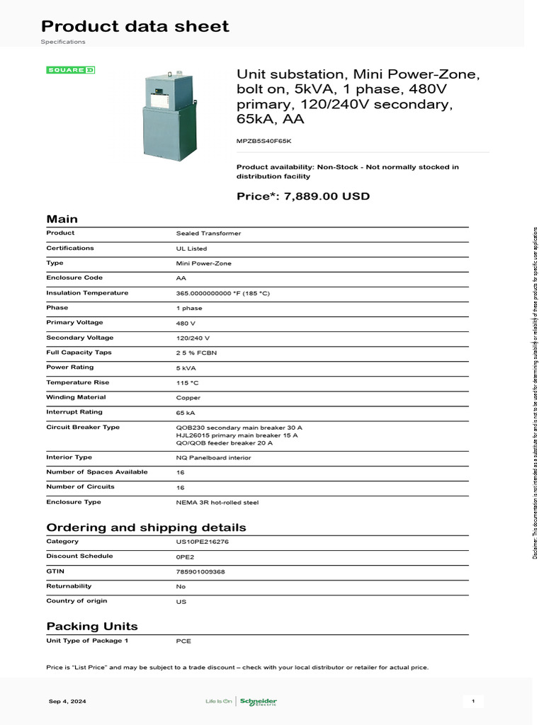 Schneider Electric - Mini-PowerZone-LV-Substation - MPZB5S40F65K | PDF